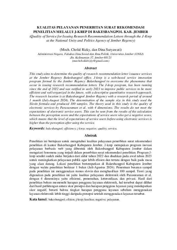 (PDF) KUALITAS PELAYANAN PENERBITAN SURAT REKOMENDASI PENELITIAN ...