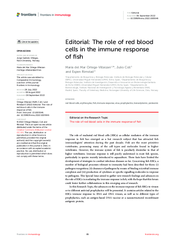 (PDF) Editorial: The role of red blood cells in the immune response of fish
