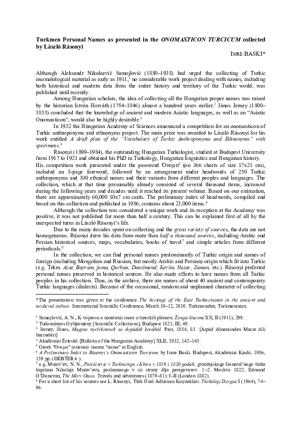 (PDF) Turkmen Personal Names as presented in the Onomasticon Turcicum ...