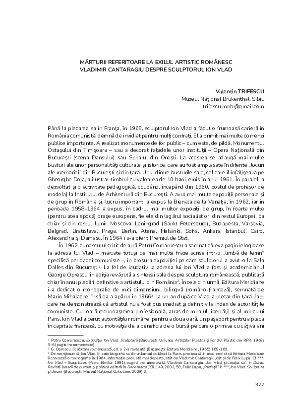 (PDF) Mărturii referitoare la exilul artistic românesc. Vladimir ...