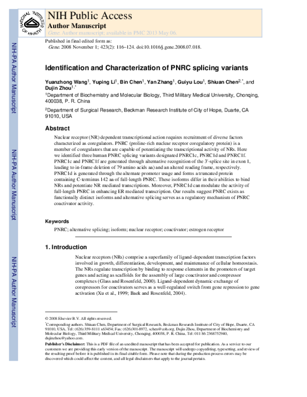 (PDF) Identification and characterization of PNRC splicing variants