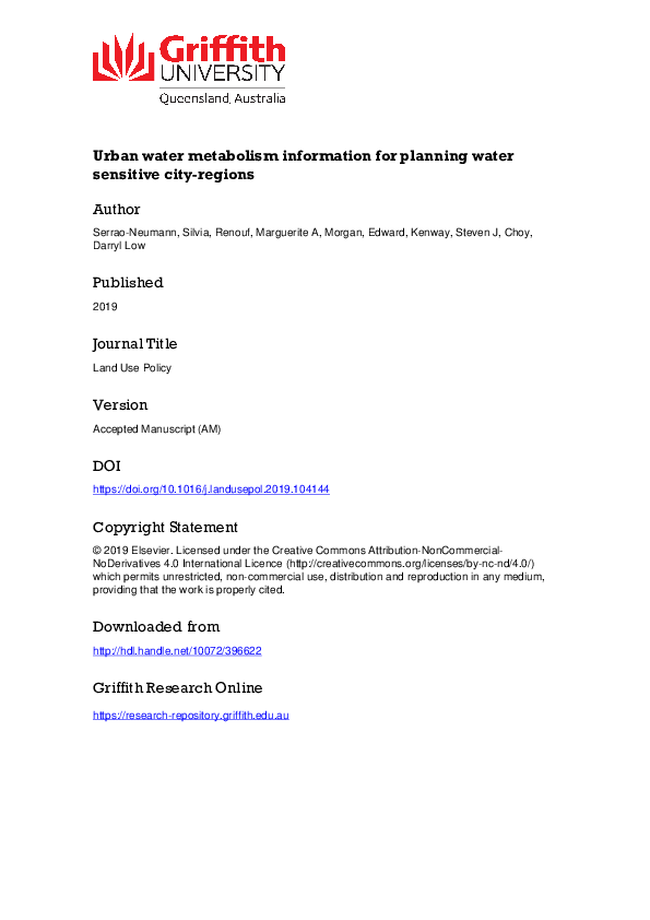 (PDF) Urban water metabolism information for planning water sensitive city-regions