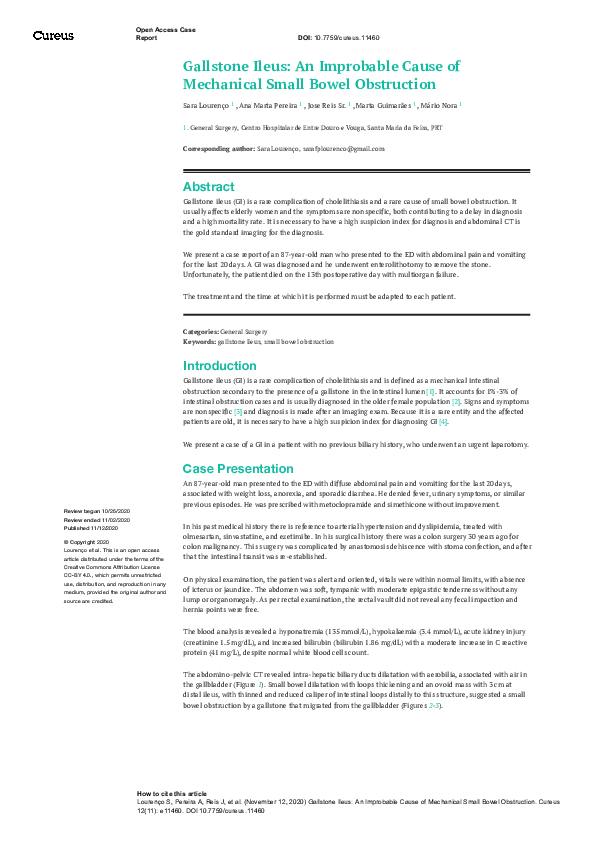 (PDF) Gallstone Ileus: An Improbable Cause of Mechanical Small Bowel ...