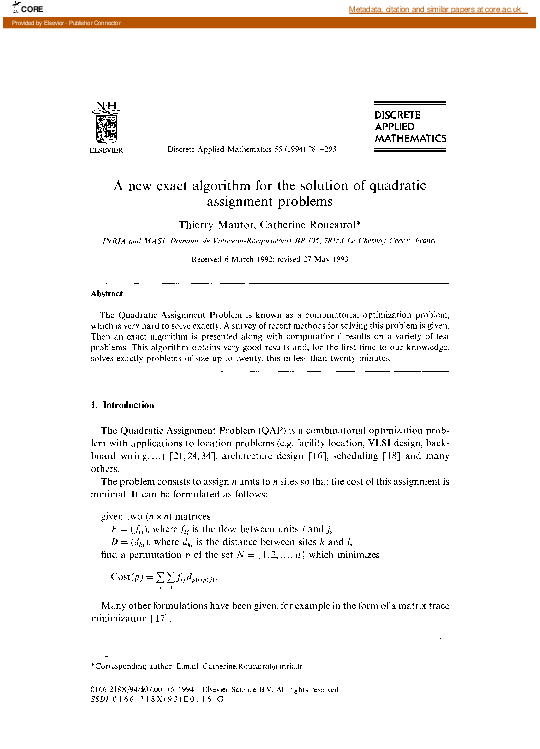 (PDF) A new exact algorithm for the solution of quadratic assignment problems