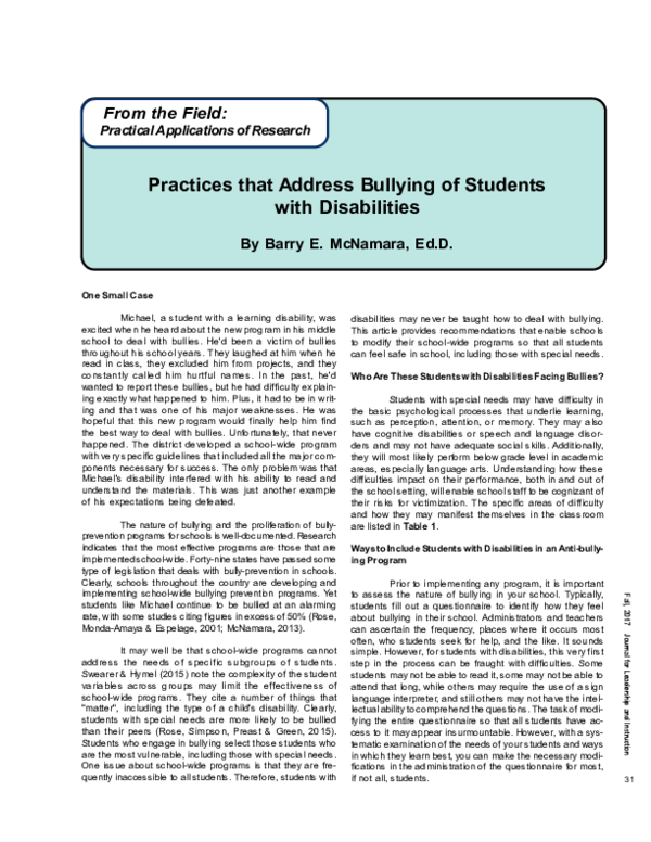 (PDF) Practices That Address Bullying of Students with Disabilities