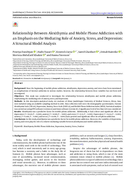(PDF) Relationship Between Alexithymia and Mobile Phone Addiction with an Emphasis on the ...
