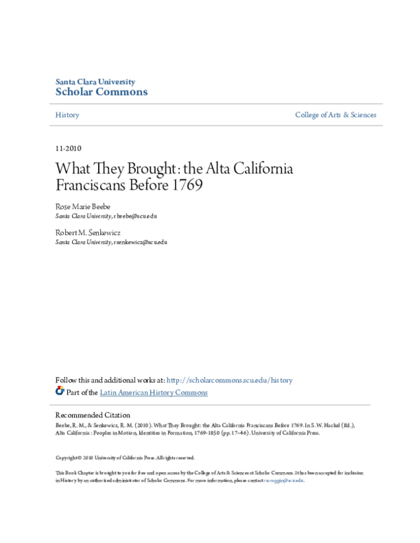 What They Brought: the Alta California Franciscans Before 1769