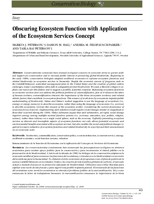 (PDF) Obscuring Ecosystem Function with Application of the Ecosystem Services Concept