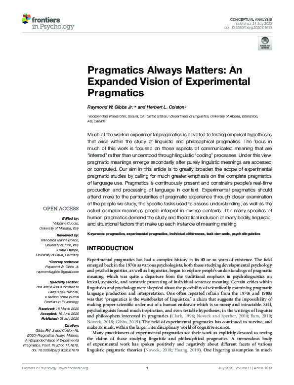 (PDF) Pragmatics Always Matters: An Expanded Vision of Experimental Pragmatics