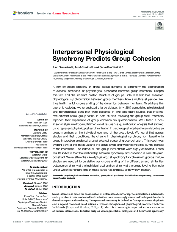 (PDF) Interpersonal Physiological Synchrony Predicts Group Cohesion