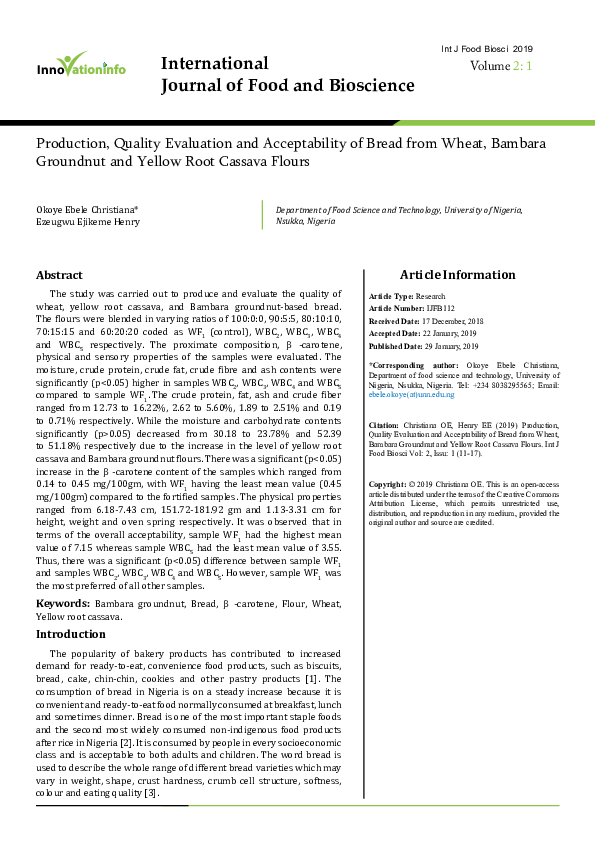 (PDF) Production, Quality Evaluation and Acceptability of Bread from Wheat, Bambara Groundnut ...