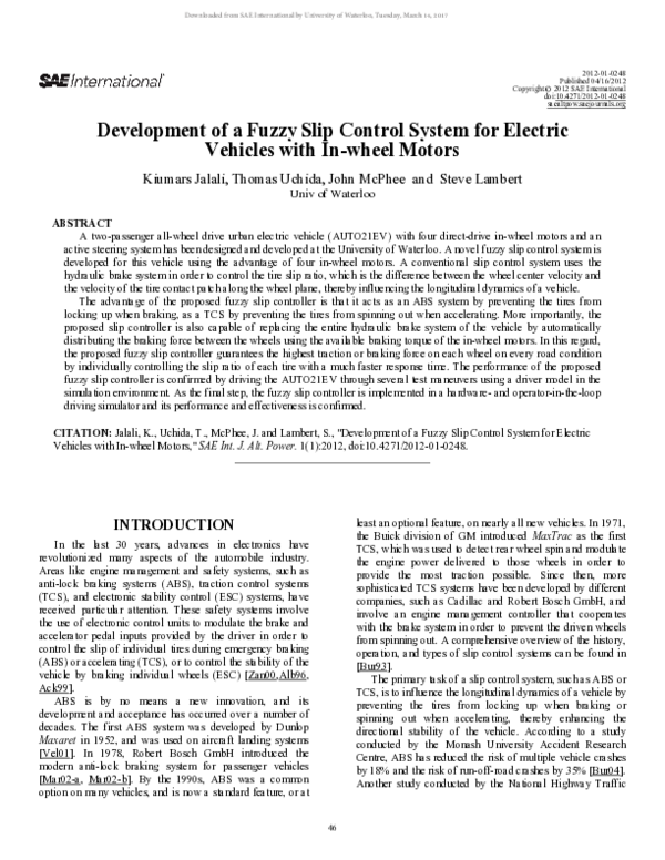(PDF) Development of a Fuzzy Slip Control System for Electric Vehicles ...