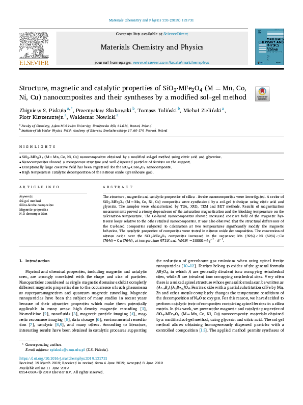(PDF) Structure, magnetic and catalytic properties of SiO2-MFe2O4 (M = Mn, Co, Ni, Cu ...