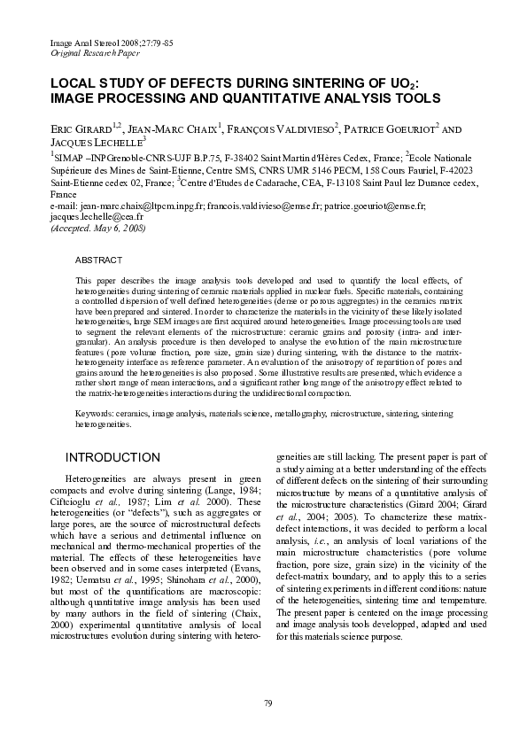 (PDF) Local Study of Defects During Sintering of UO2: Image Processing ...