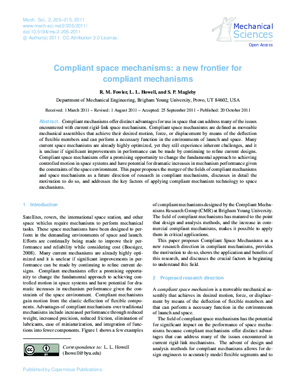 (PDF) Compliant space mechanisms: a new frontier for compliant mechanisms