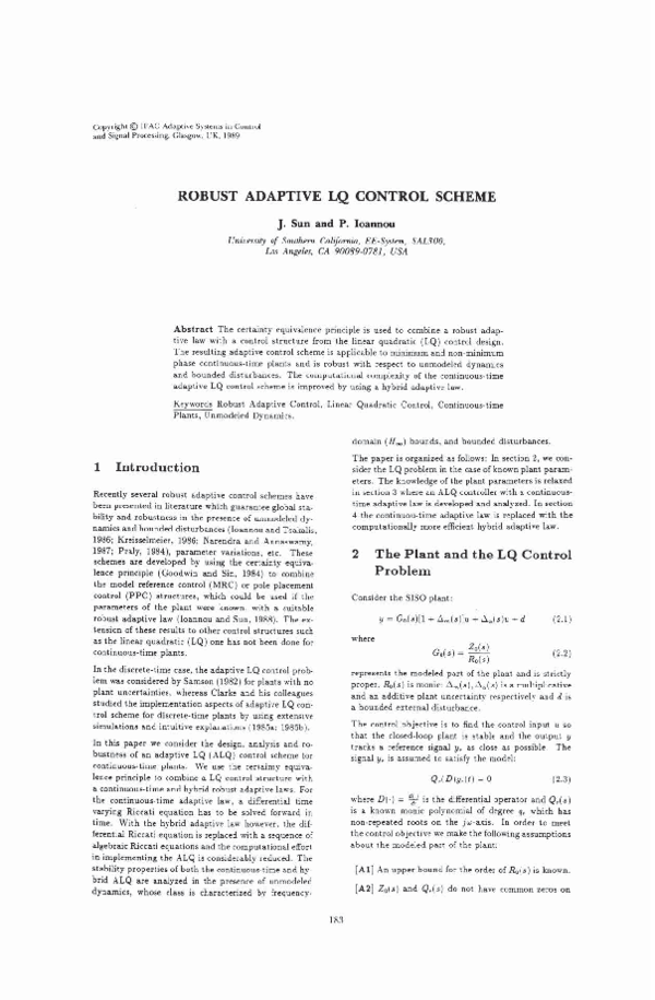 (PDF) Robust Adaptive LQ Control Scheme