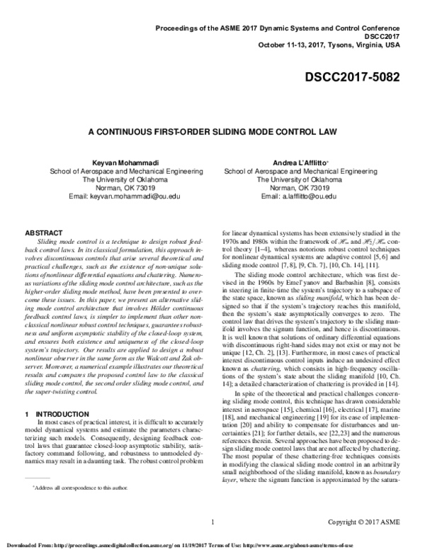 (PDF) A Continuous First-Order Sliding Mode Control Law