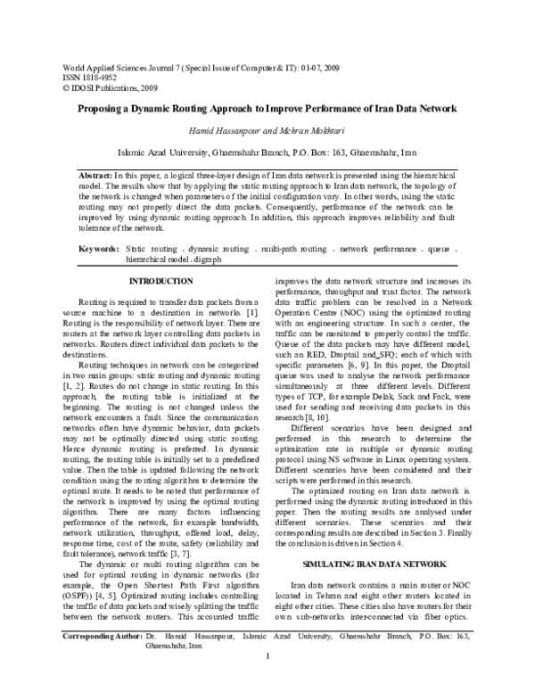 (PDF) © IDOSI Publications, 2009 Proposing a Dynamic Routing Approach to Improve Performance of ...