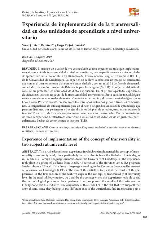 (PDF) Experiencia de implementación de la transversalidad en dos unidades de aprendizaje a nivel ...