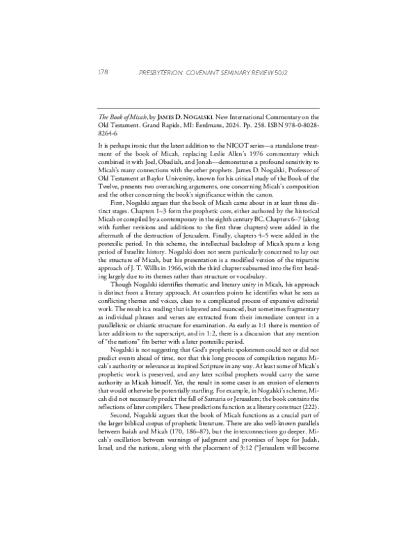 (PDF) Review: James Nogalski, The Book of Micah (NICOT). Grand Rapids ...