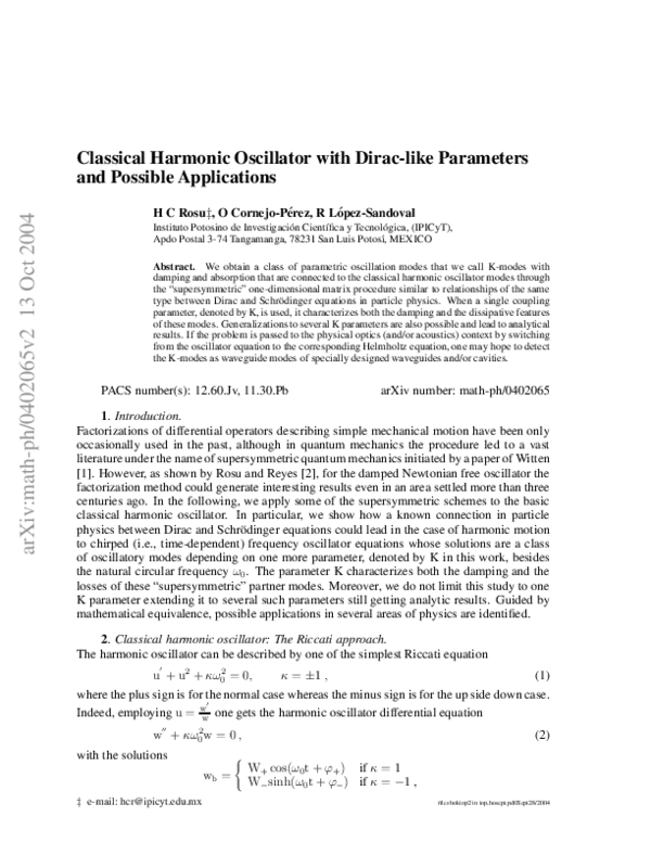 (PDF) Classical harmonic oscillator: supersymmetry and a Dirac-like parameter
