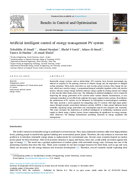 (PDF) Artificial intelligent control of energy management PV system