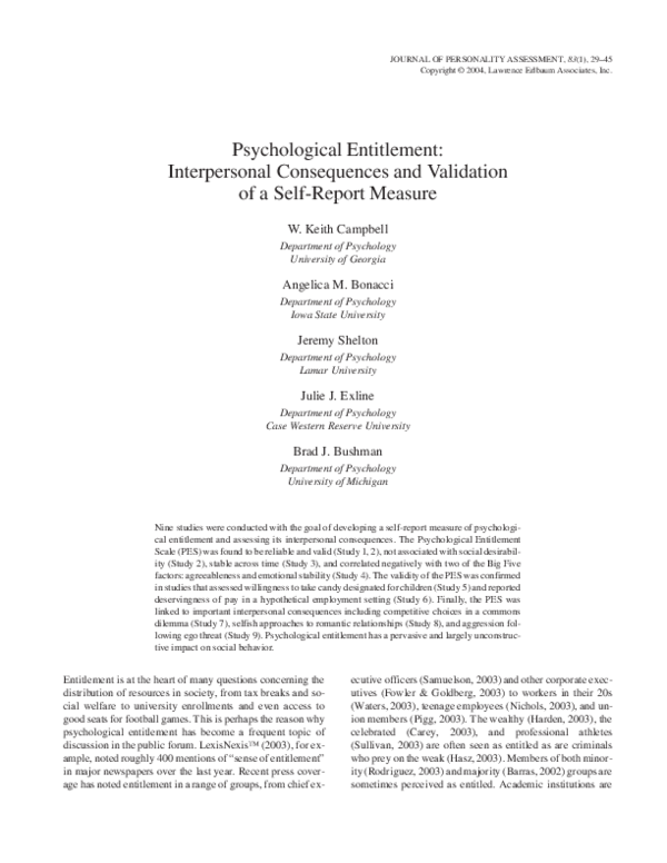 (PDF) Psychological Entitlement: Interpersonal Consequences and Validation of a Self-Report Measure