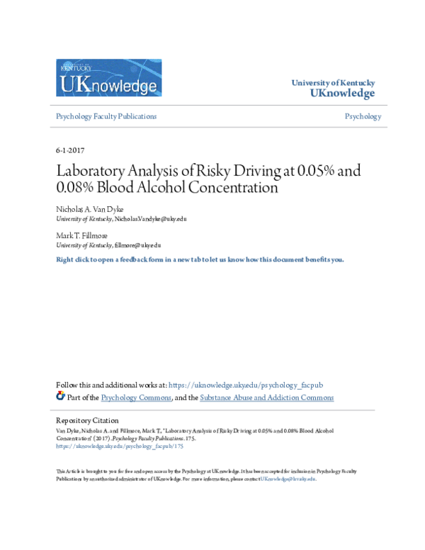 (PDF) Laboratory analysis of risky driving at 0.05% and 0.08% blood ...