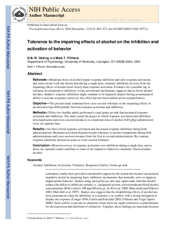 (PDF) Tolerance to the impairing effects of alcohol on the inhibition ...