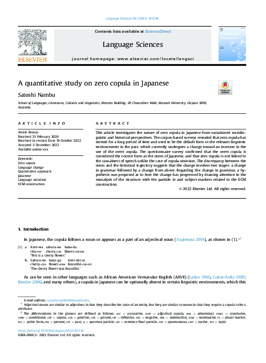 (PDF) A quantitative study on zero copula in Japanese