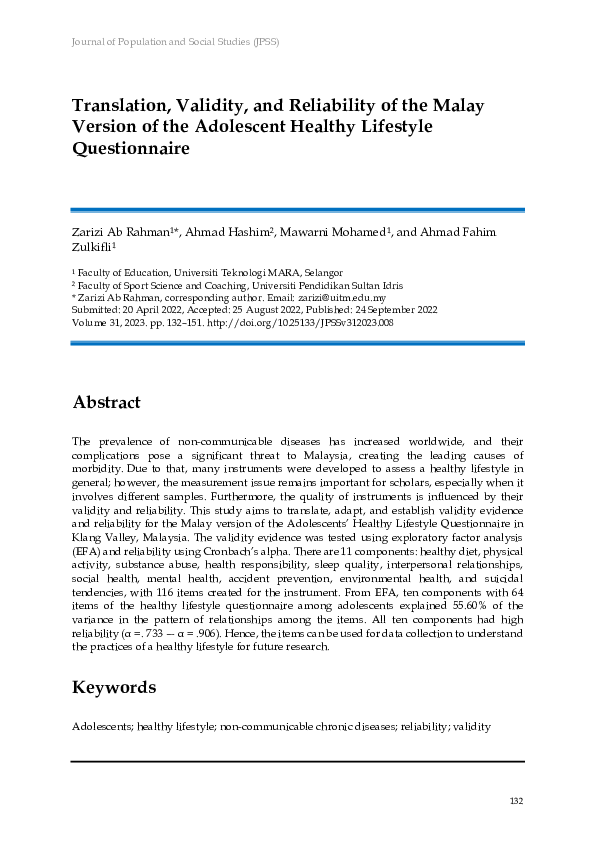 (PDF) Translation, Validity, and Reliability of the Malay Version of the Adolescent Healthy ...