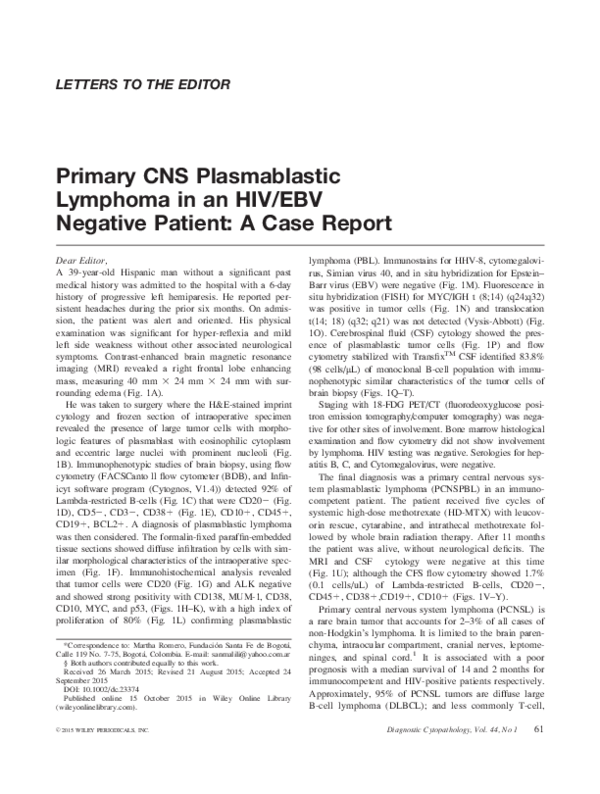 (PDF) Primary CNS plasmablastic lymphoma in an HIV/EBV negative patient: A case report