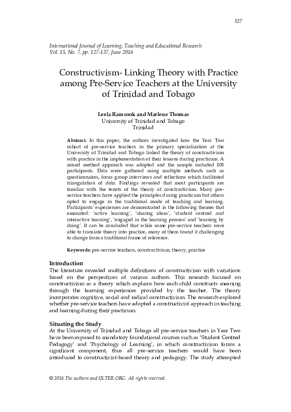 (PDF) Constructivism- Linking Theory with Practice among Pre-Service Teachers at the University ...