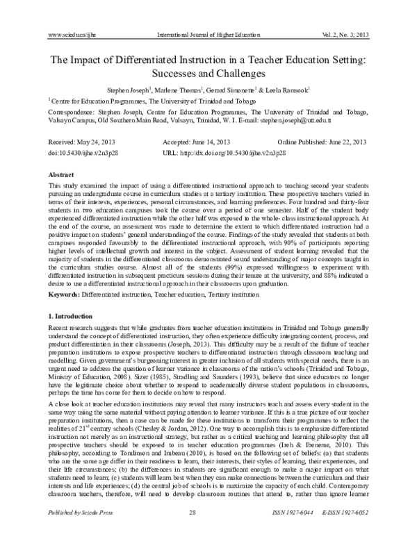 (PDF) The Impact of Differentiated Instruction in a Teacher Education Setting: Successes and ...