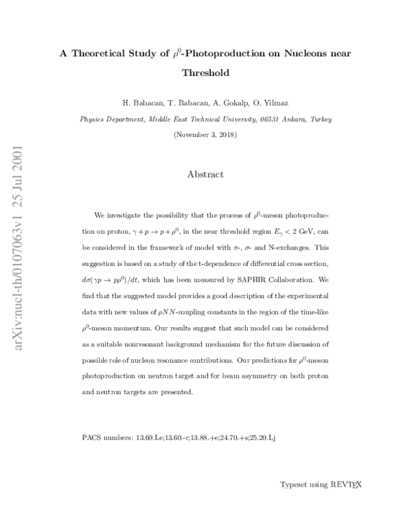 (PDF) A Theoretical Study of rho 0Photoproduction on Nucleons Near ...