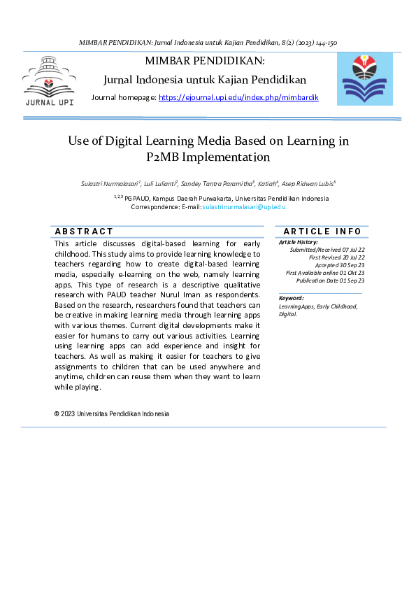 Use of Digital Learning Media Based on Learning in P2MB Implementation