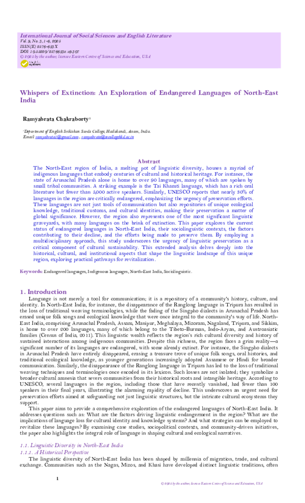 (PDF) Whispers of Extinction: An Exploration of Endangered Languages of North-East India