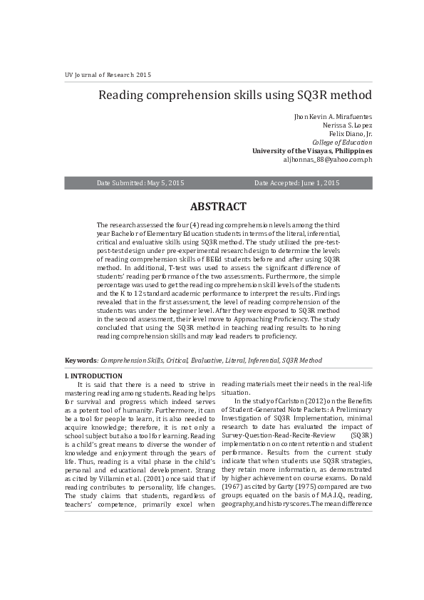 (PDF) Reading comprehension skills using SQ3R method