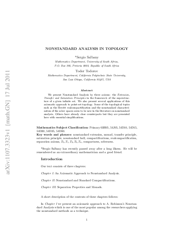 (PDF) Nonstandard Analysis in Topology