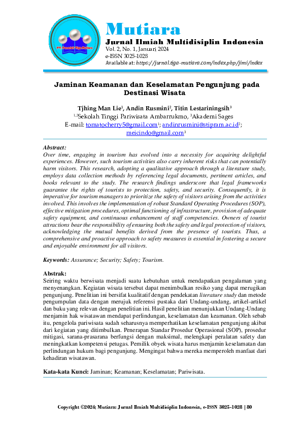 (PDF) Jaminan Keamanan dan Keselamatan Pengunjung pada Destinasi Wisata
