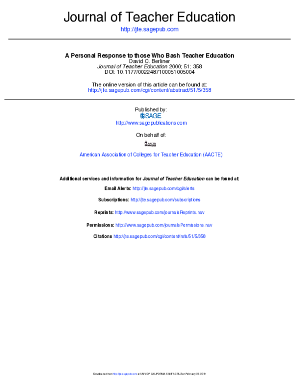 (PDF) A Personal Response to those Who Bash Teacher Education