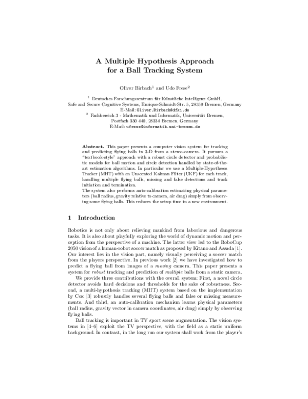 (PDF) A Multiple Hypothesis Approach for a Ball Tracking System