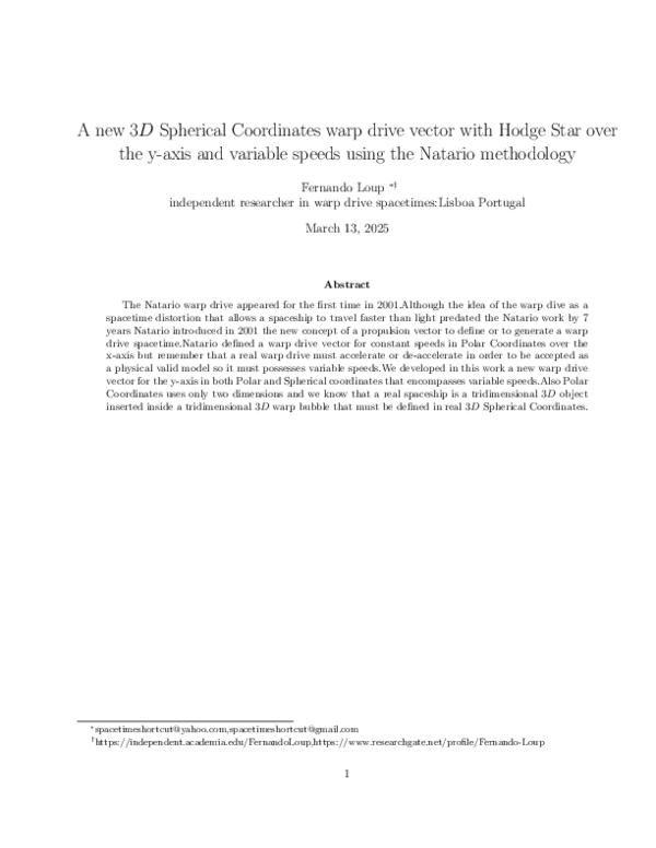 (PDF) A new 3D Spherical Coordinates warp drive vector with Hodge Star ...