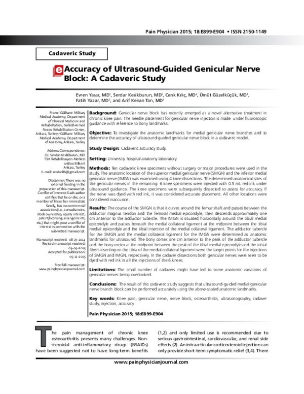 (PDF) Accuracy of Ultrasound-Guided Genicular Nerve Block: A Cadaveric Study