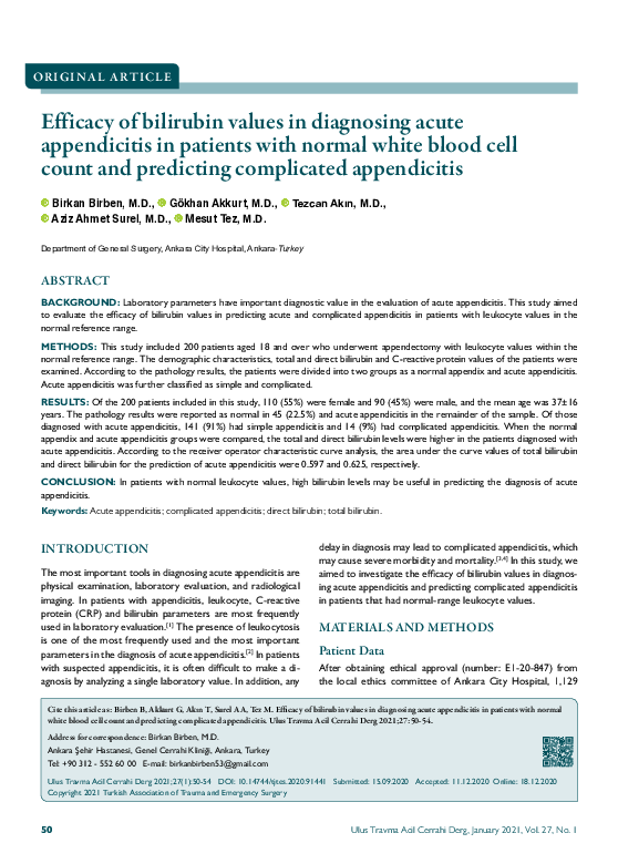 (PDF) Efficacy of bilirubin values in diagnosing acute appendicitis in ...