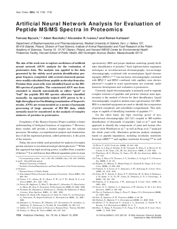 (PDF) Artificial Neural Network Analysis for Evaluation of Peptide MS/MS Spectra in Proteomics