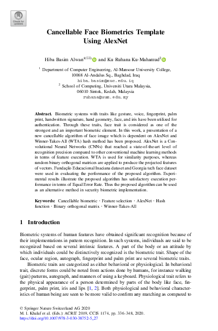 (PDF) Cancellable Face Biometrics Template Using AlexNet