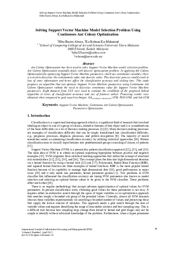 Pdf Solving Support Vector Machine Model Selection Problem Using Continuous Ant Colony