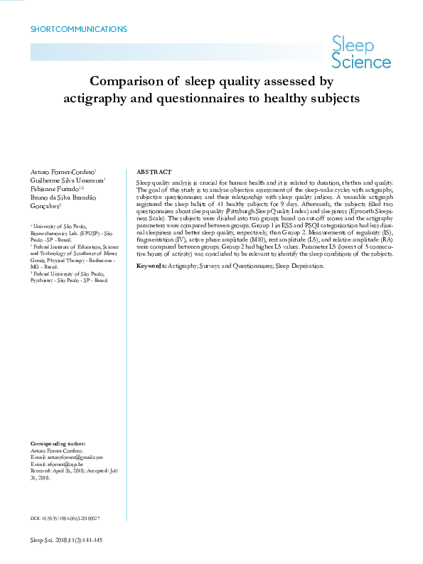 (PDF) Comparison of sleep quality assessed by actigraphy and ...