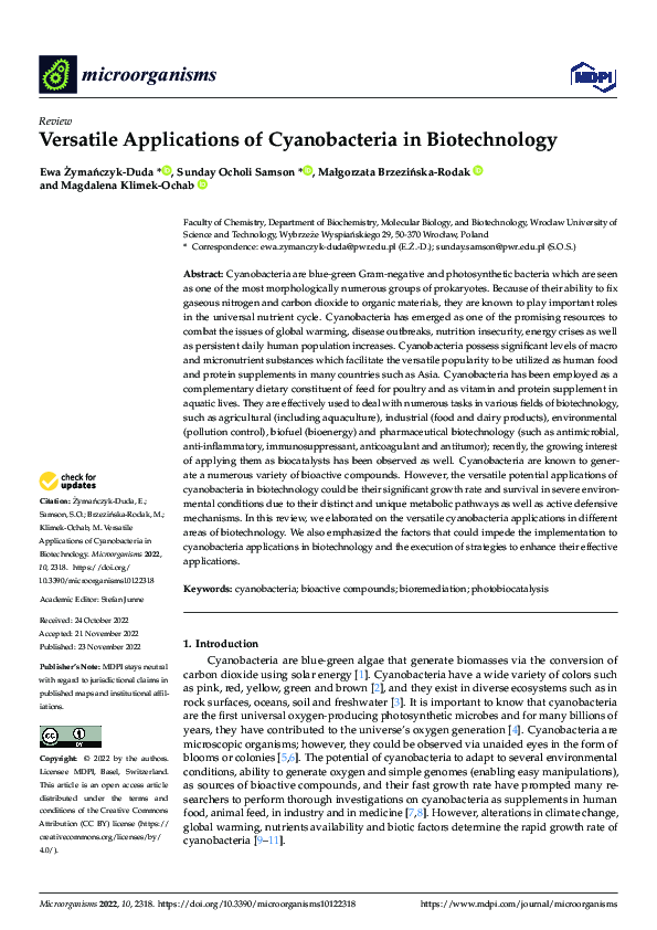 (PDF) Versatile Applications of Cyanobacteria in Biotechnology